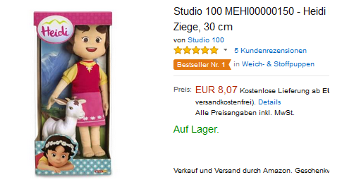 Heidi Plüschfigur mit Ziege: 8,62 Euro » SparZwerge.de